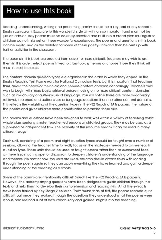 Developing Reading Comprehension Skills Years 5–6: Classic Poetry